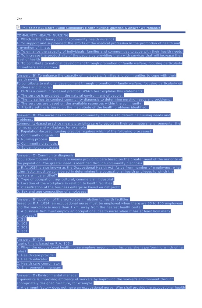 Philippine NLE Board Exam: Community Health Nursing Question & Answer W ...