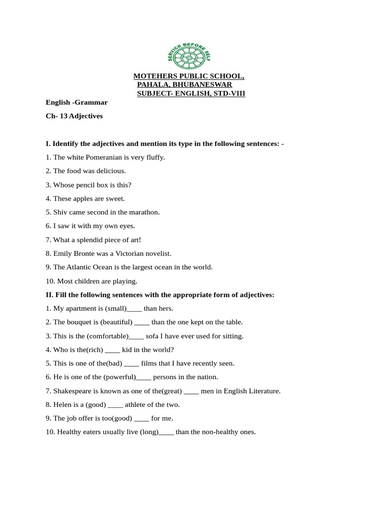 Class 8 Adjective Worksheet | PDF