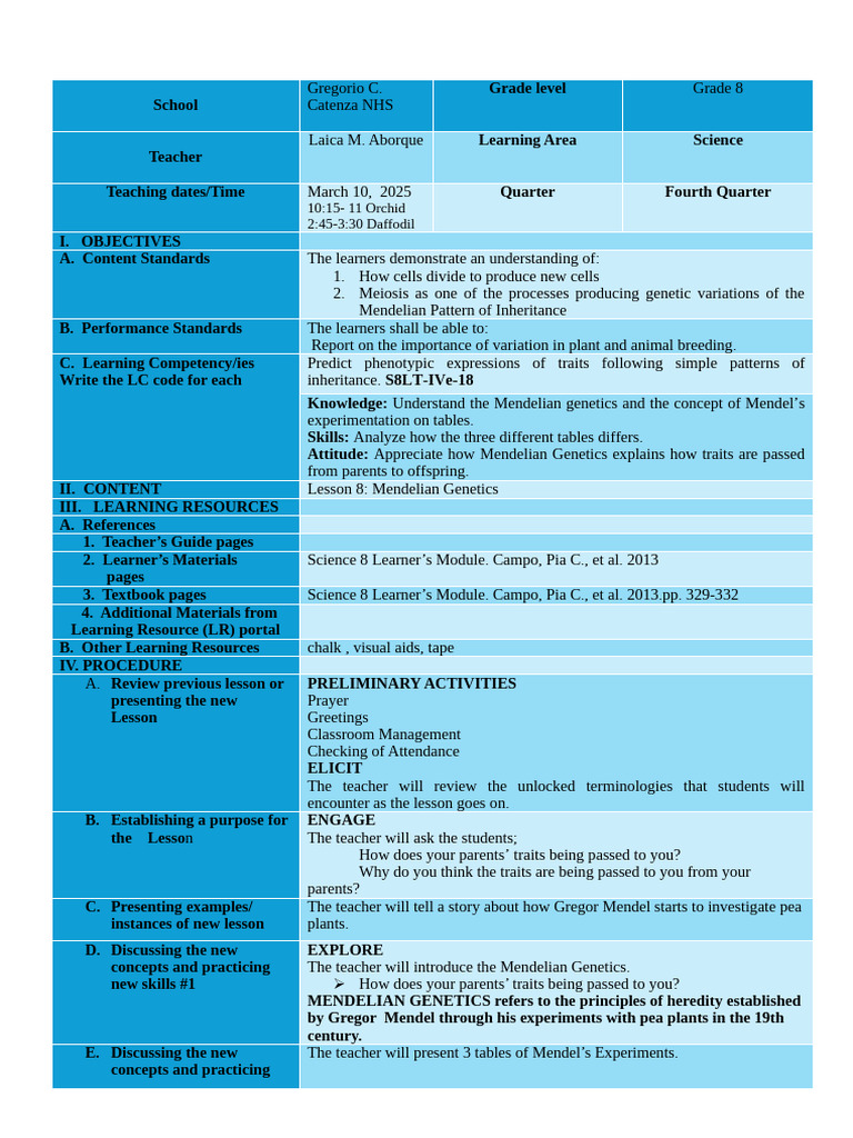 Grade 8 Mendelian Genetics Lesson Plan | PDF | Dominance (Genetics ...