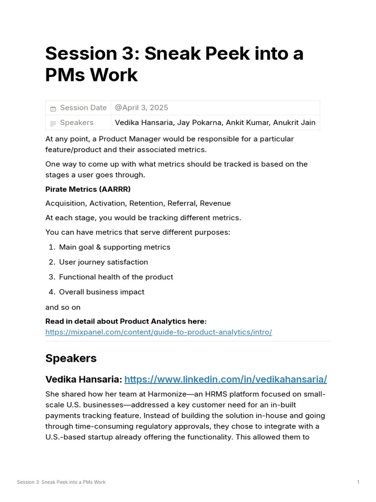 Session 3 Notes - Sneak Peek Into A PMs Work | PDF