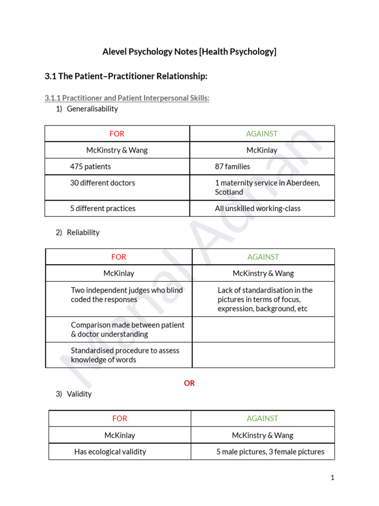 ??Alevel Psychology Evaluation Tables [Health Psychology] | PDF ...