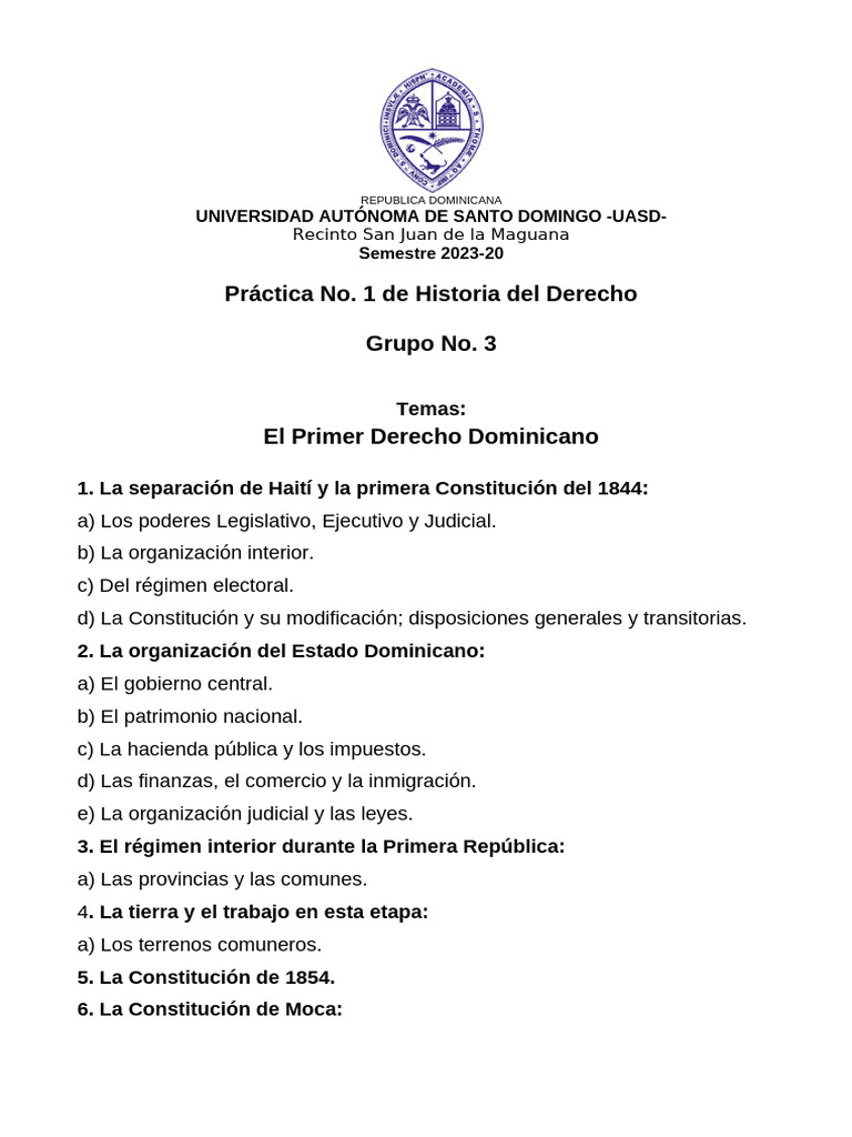 PRÁCTICA No. 1, HIST. DEL DER. GRUPO 3, UASD 2023-20. | PDF