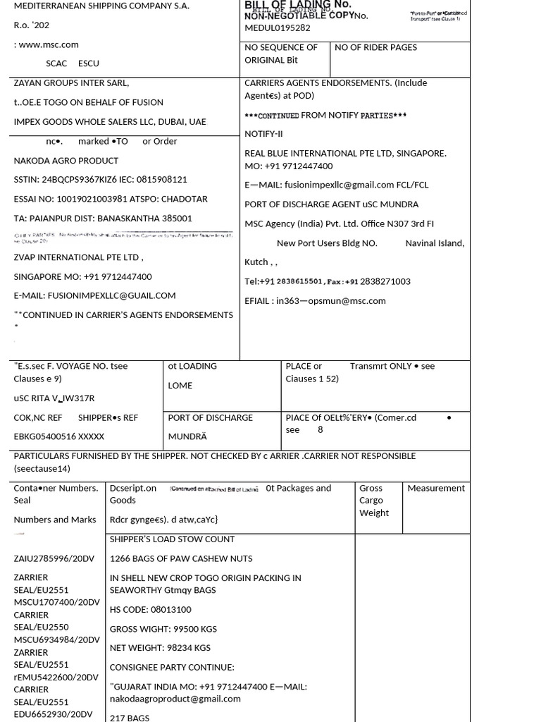 MSC Bill of Lading for Cashew Shipment | PDF | Cargo | Shipping