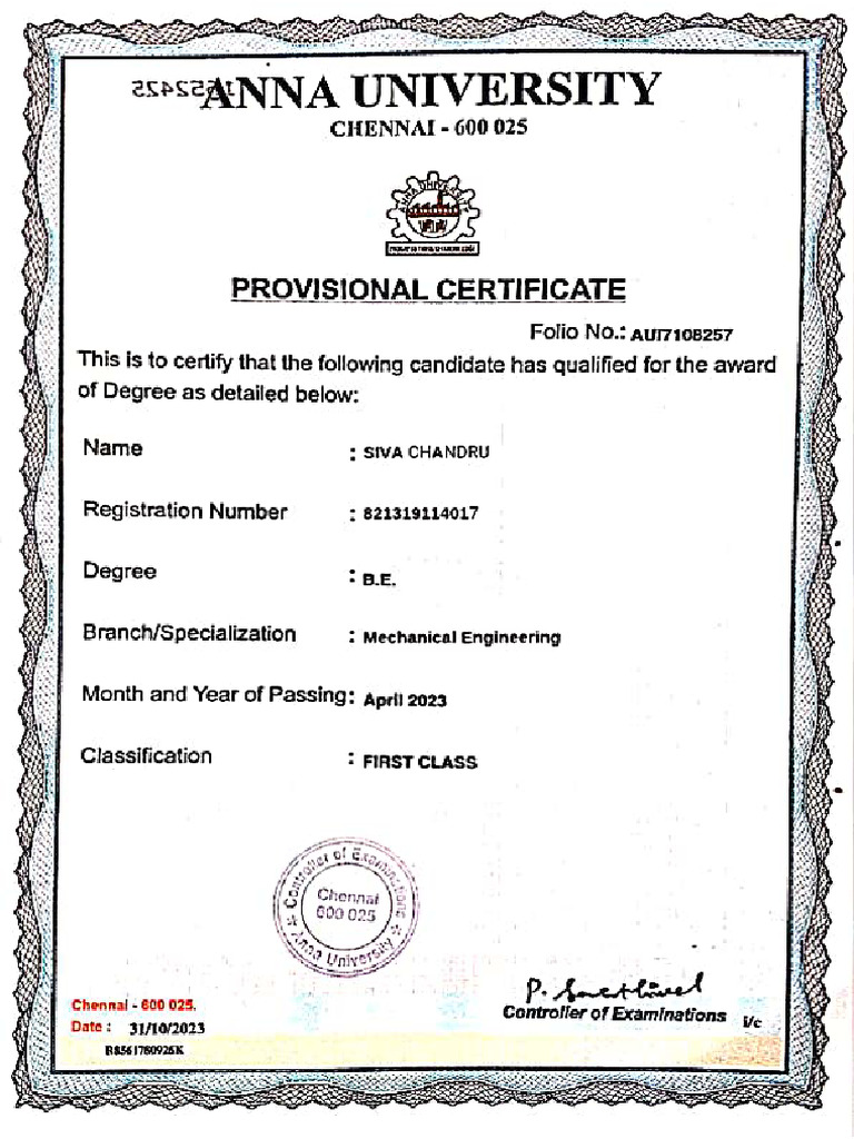 Siva Chandru Provisional Certificate | PDF