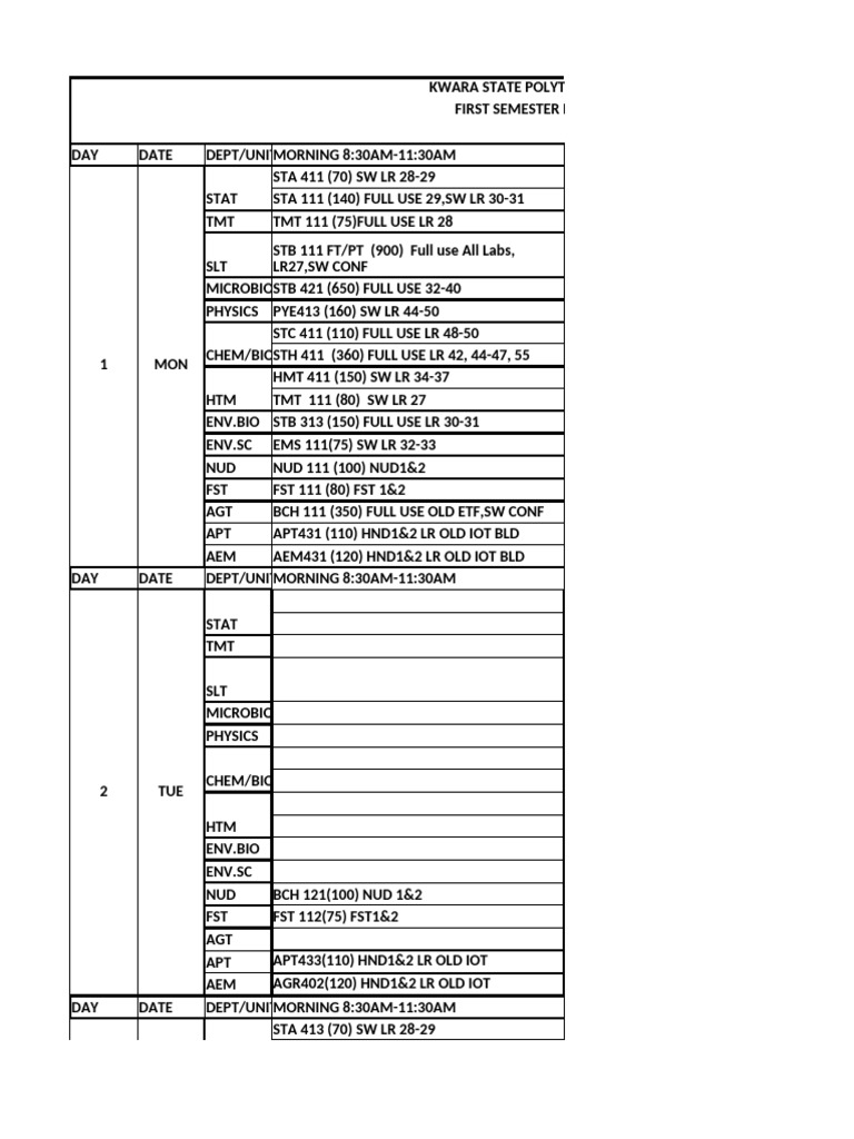 Draft Copy Ias First Semester 2024 2025 Exam Time Table | PDF