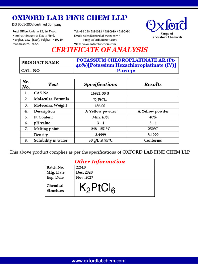 (P-07142) POTASSIUM CHLOROPLATINATE AR (Pt-40%) | PDF