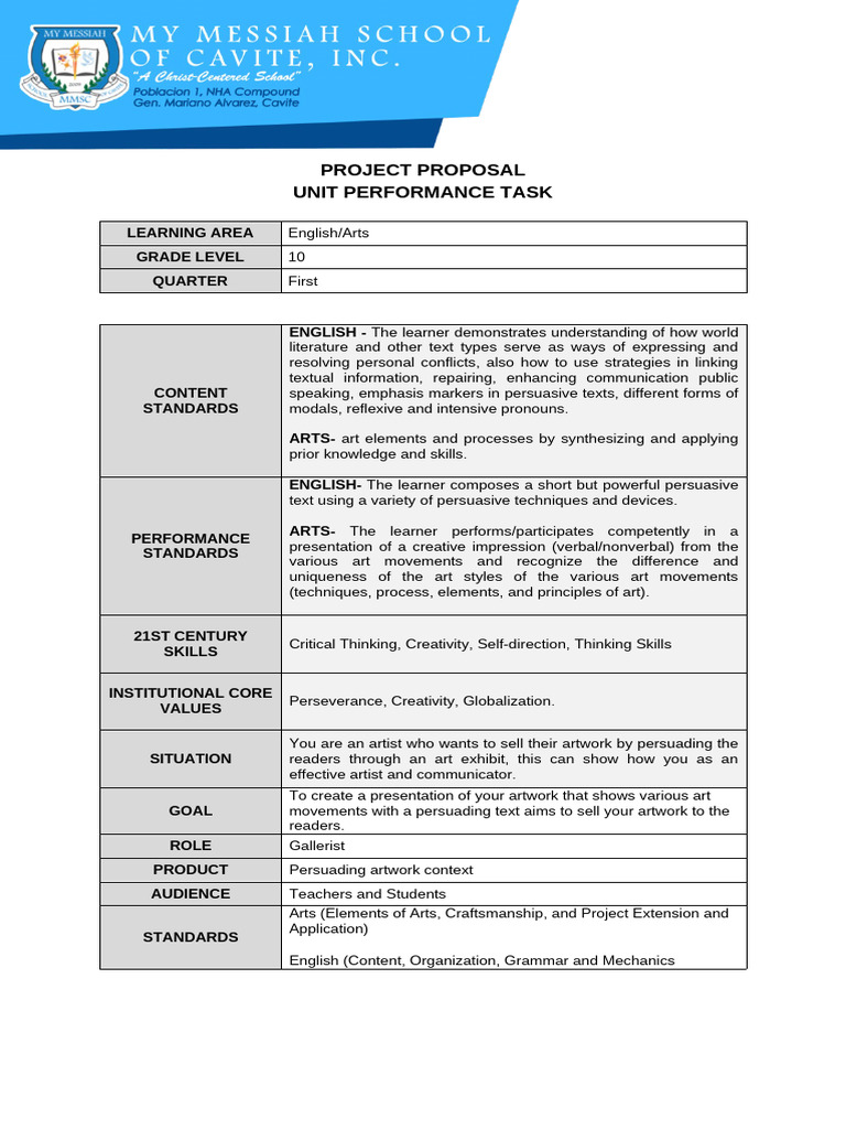 Art Presentation Proposal for Grade 10 | PDF | Learning | English Language