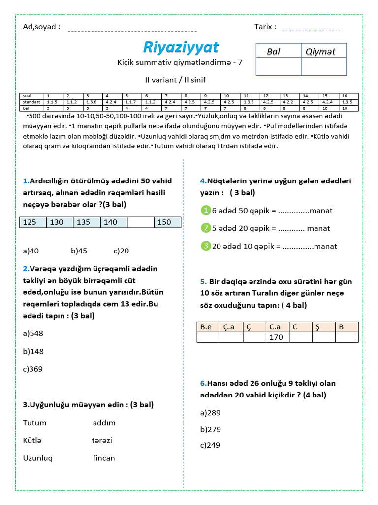 Ödənişli Riyaziyyat KSQ7 - 2.Sinif 2 Variantt | PDF