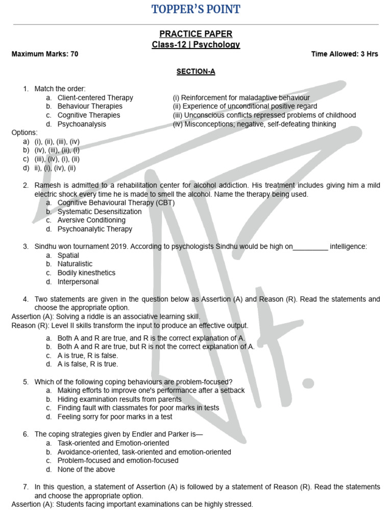 Class 12 Psychology Practice Paper | PDF | Obsessive–Compulsive ...