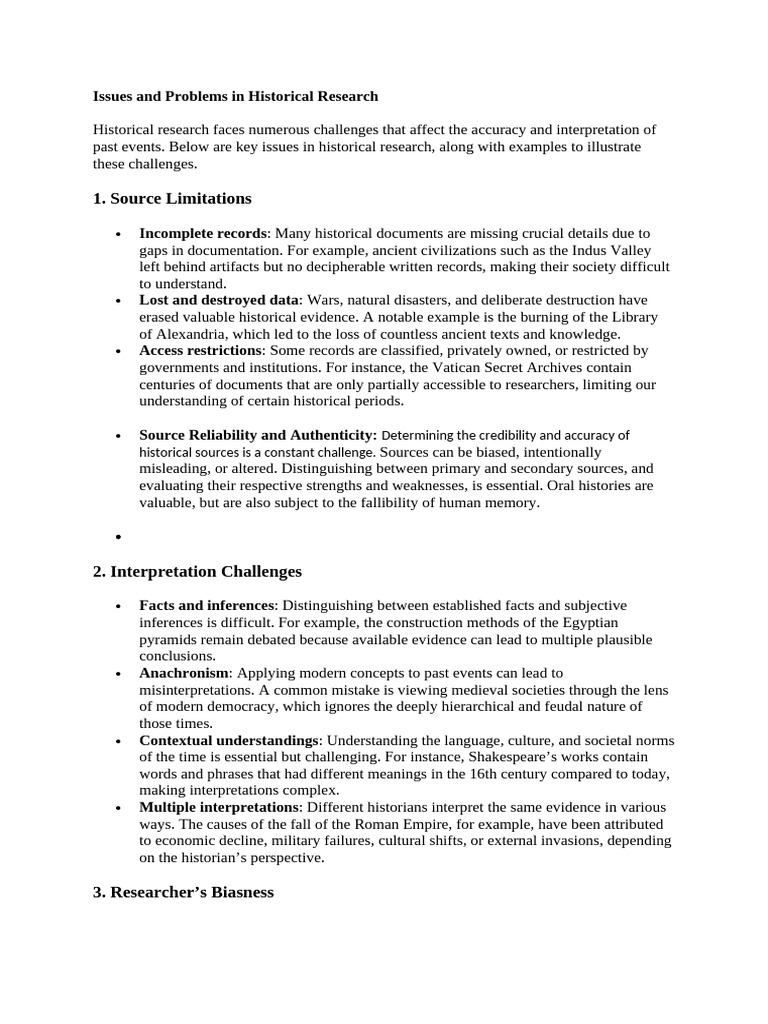 Issues and Problems in Historical Research | PDF | Historian | Bias