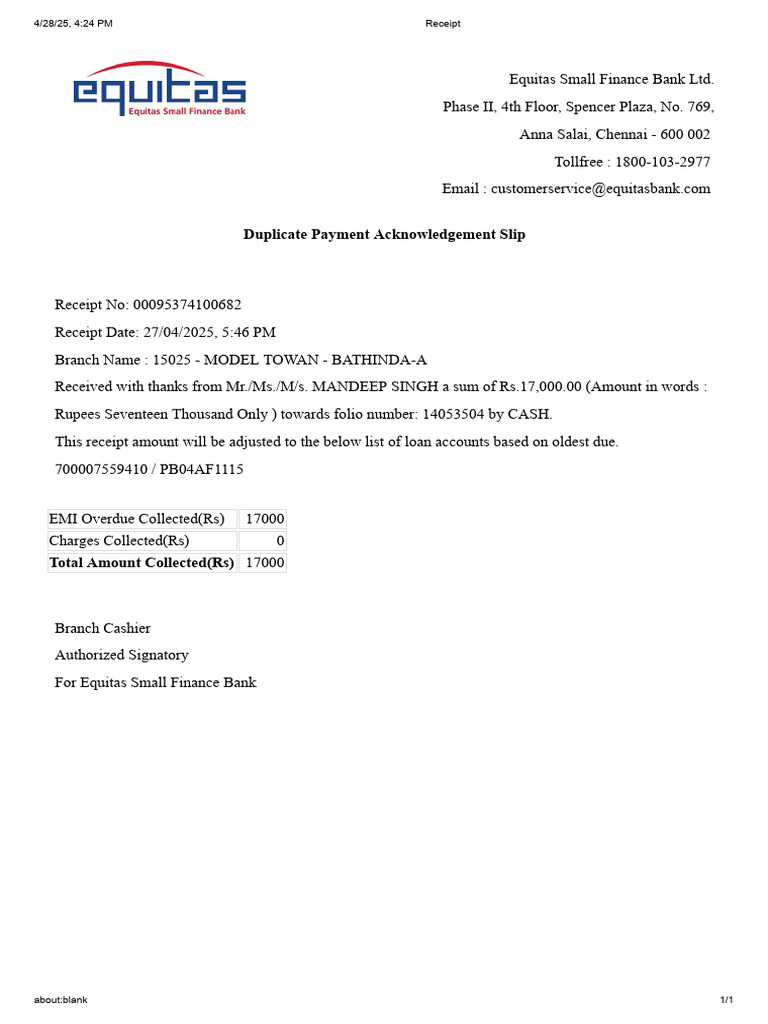 Mandeep Singh Receipt | PDF