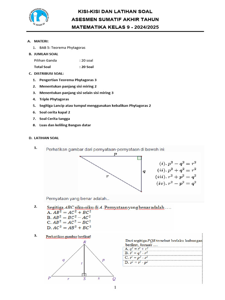 Kisi-Kisi & Lat - Soal MTK ASAT - 9 - 24-25 | PDF