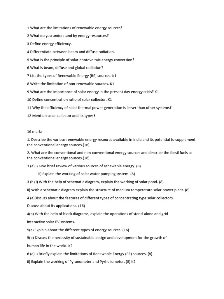 OEE351 Renewable Energy Systems Q&A | PDF