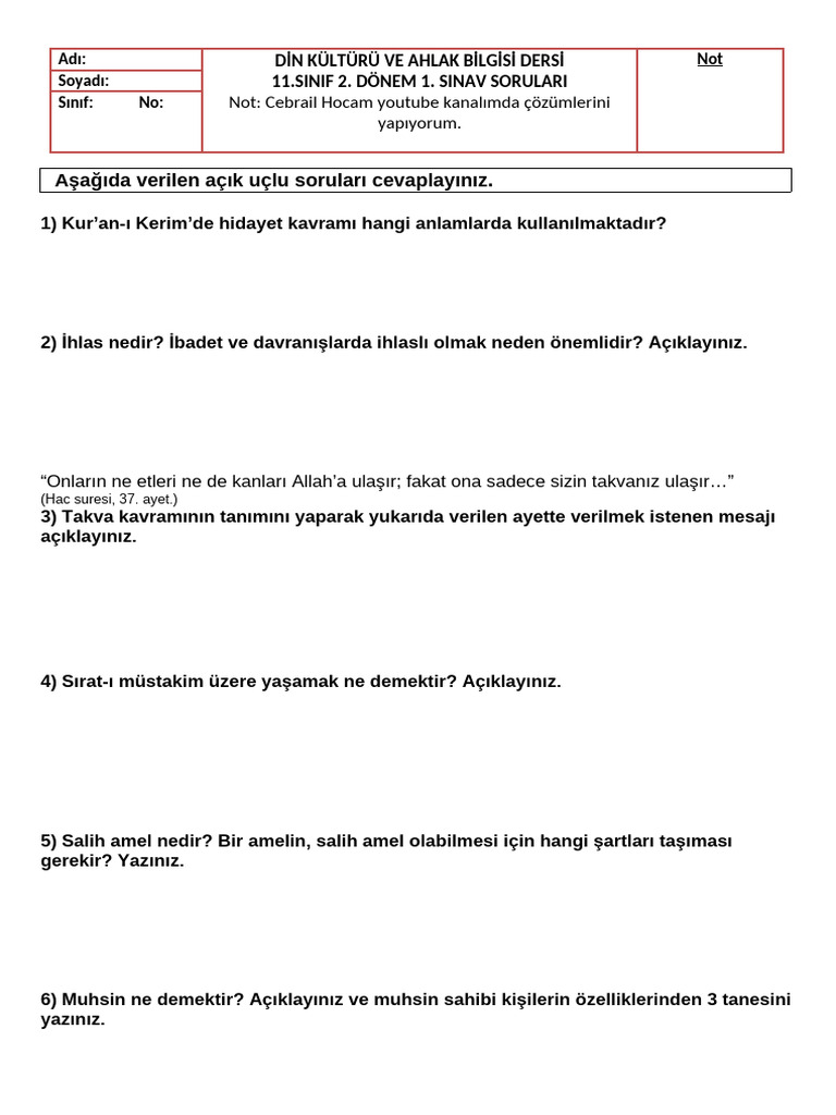 11 Sinif Din Kulturu 2 Donem 1 Yazili Cebrail Hocam | PDF