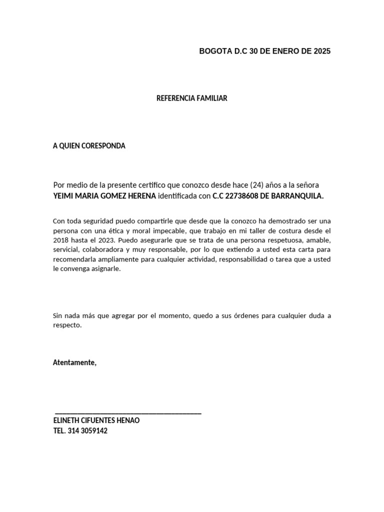 Carta de recomendación para Yeimi Gómez | PDF
