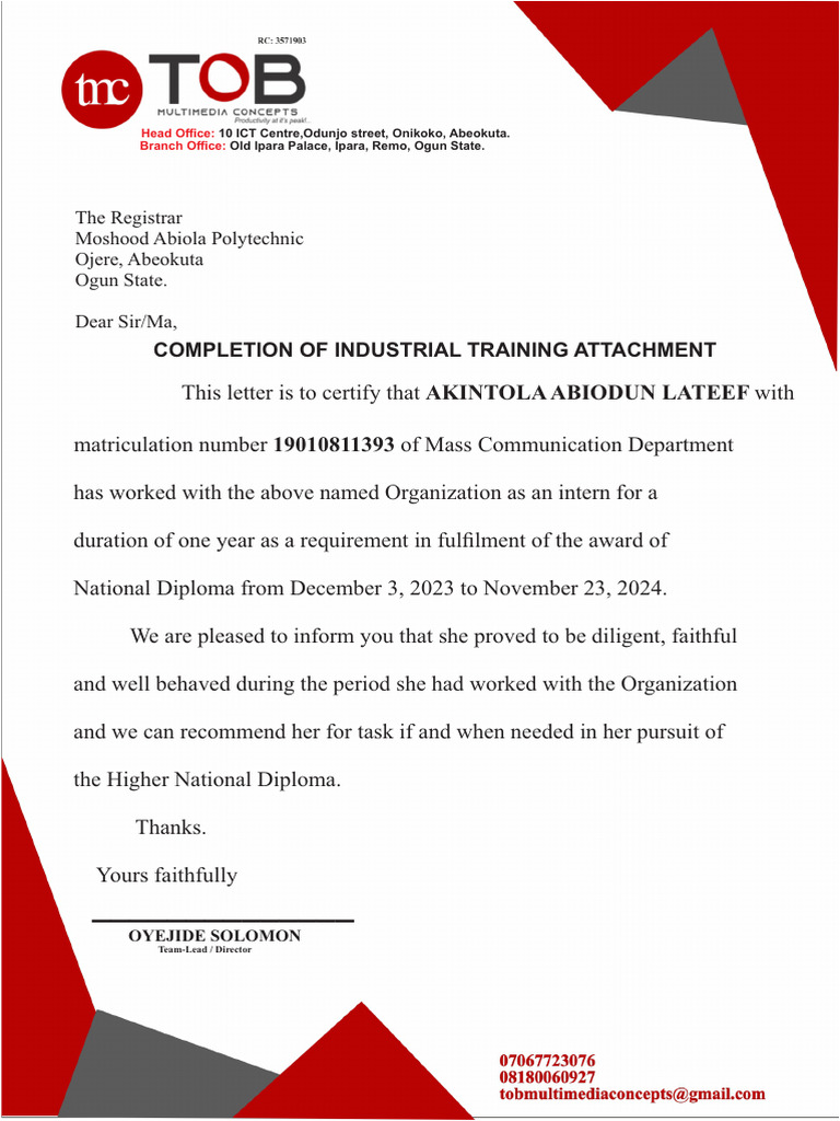 Industrial Training Completion Letter | PDF
