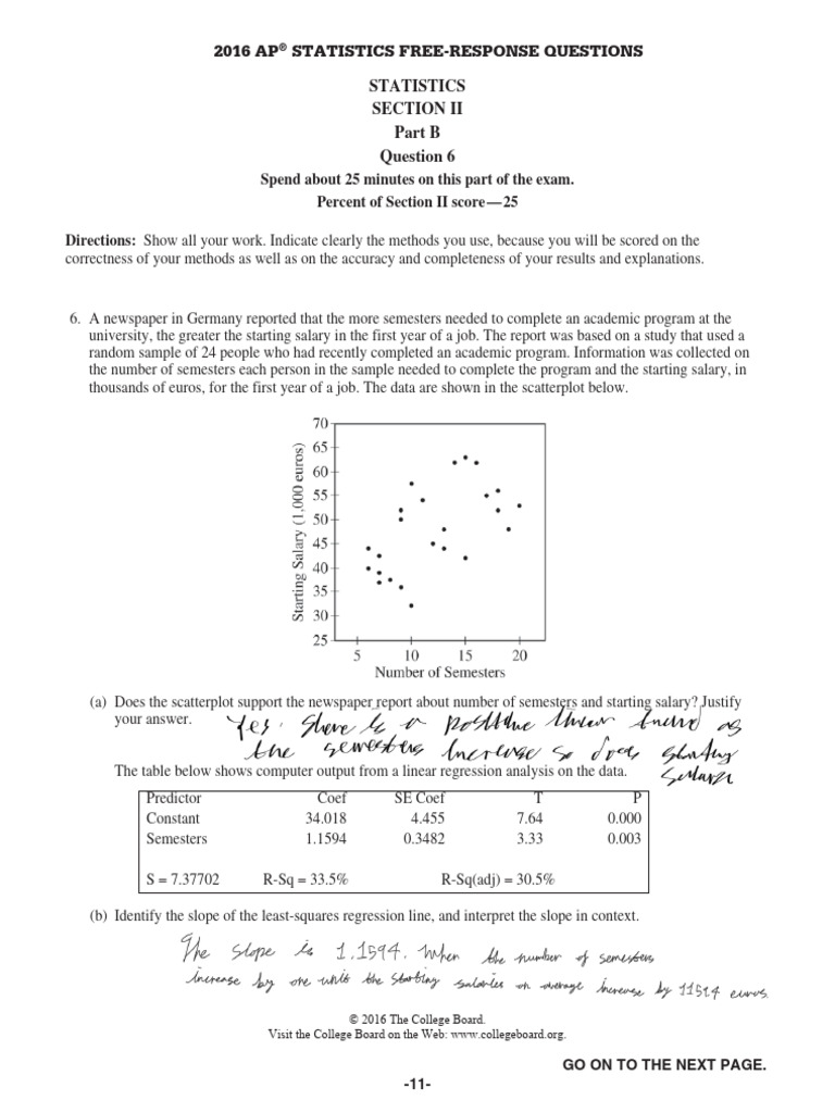 Ap16 - FRQ - Statistics Example Answer | PDF | Regression Analysis ...