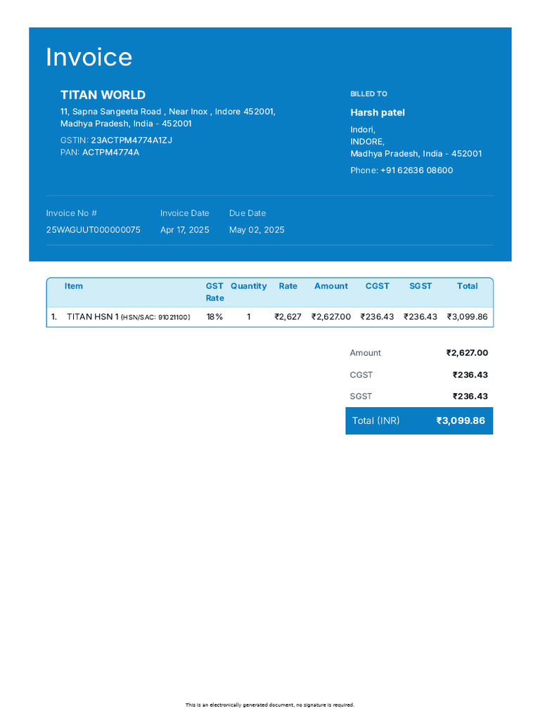 Invoice 25waguut000000075 Titan World Harsh Patel | PDF