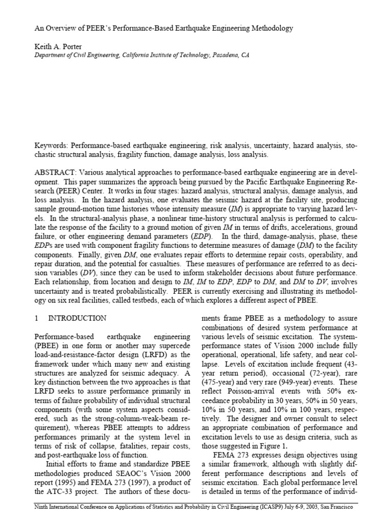 An Overview Of Peers Performance Based Earthquake Engineering Methodology Pdf Earthquake