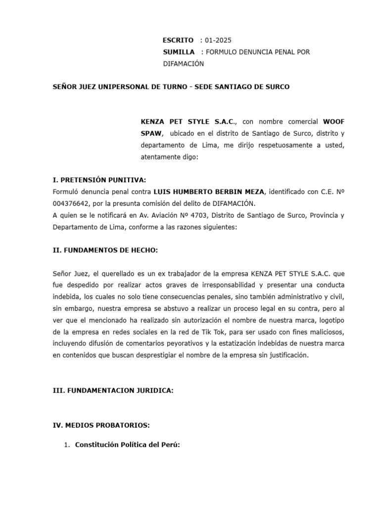 Escrito Formula Denuncia Penal | PDF | Privacidad | Daños y perjuicios