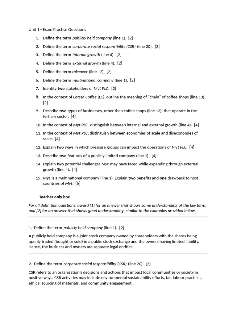 Paper 1 Unit 1 Practice Paper 1 | PDF | Corporate Social Responsibility | Mergers And Acquisitions