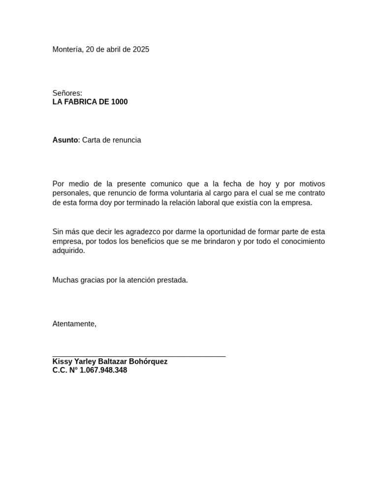 Carta de Renuncia de Kissy Yarley | PDF