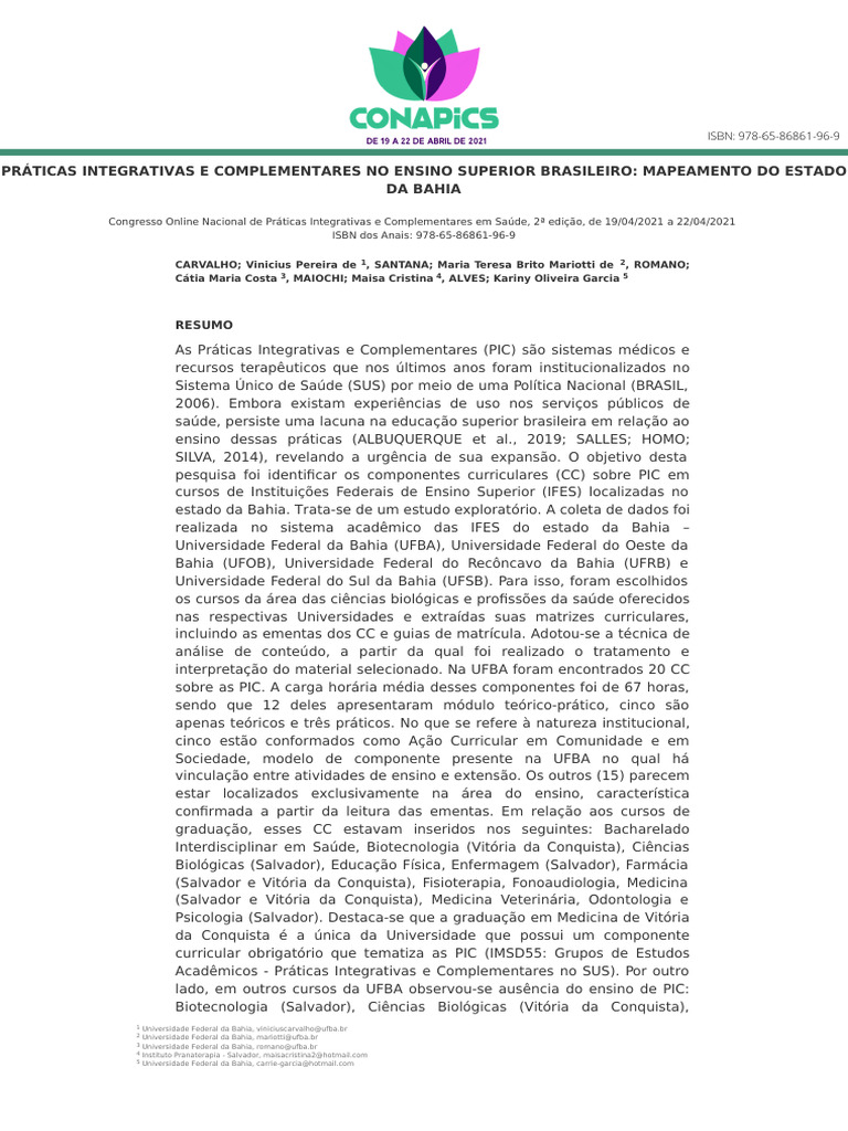 Praticas Integrativas e Complementares No Ensino Superior Brasileiro Mapeamento Do Estado Da ...