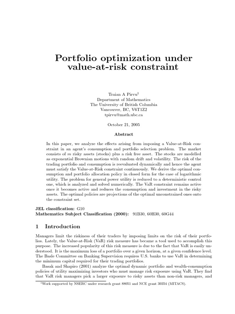 Portfolio Optimization Under Value-At-Risk Constraint | PDF | Value At Risk | Risk