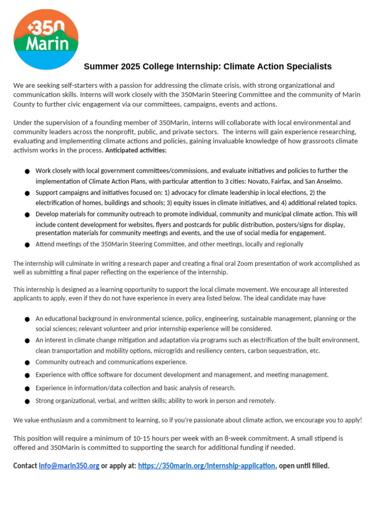 350marin College Intern Job Announcement 2025 | PDF | Climate Change ...