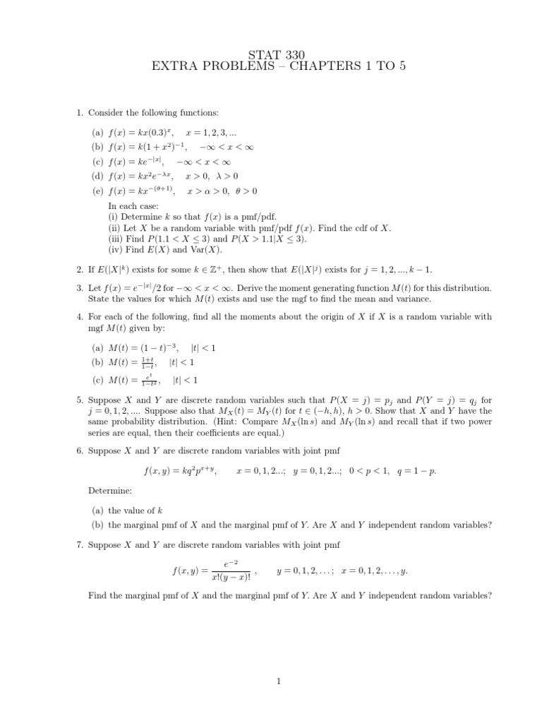 STAT 330 Extra Problems - Chapters 1 To 5 | PDF | Probability Density Function | Variance