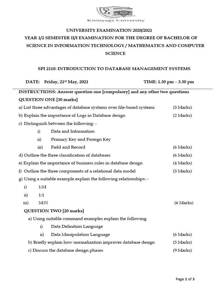 SPI 2110 Introduction To Database Management Systems Year I II Semester II I | PDF | Databases ...