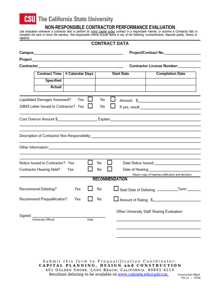 CM Non-Responsible Contractor Performance Evaluation For Minors | PDF