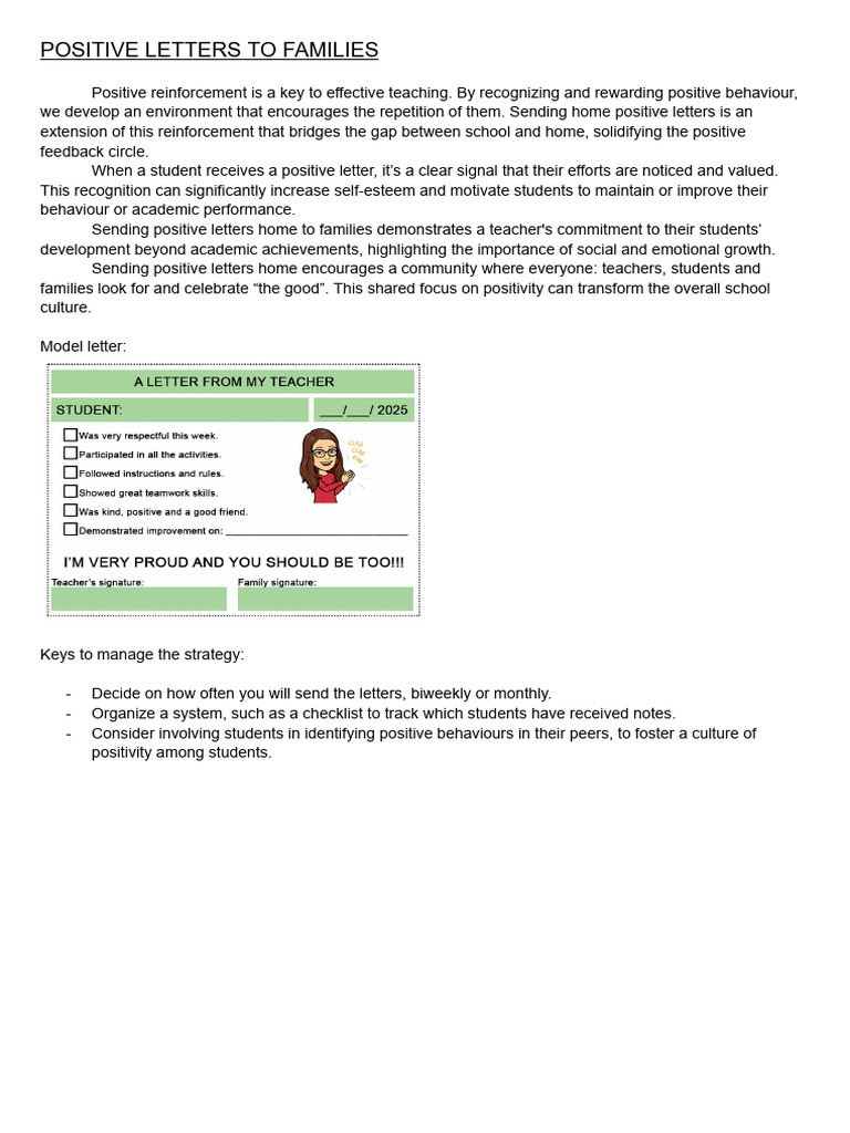 Positive Letters for Student Reinforcement | PDF