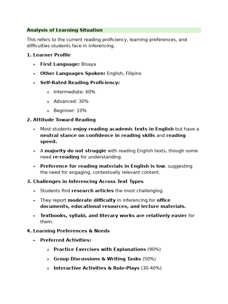 Survey On Students Learning and Target Situation | PDF | Inference ...