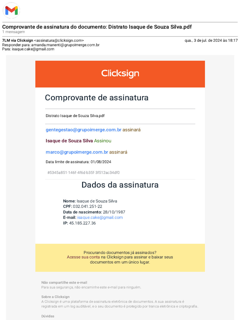Gmail - Comprovante de Assinatura Do Documento - Distrato Isaque de Souza Silva | PDF