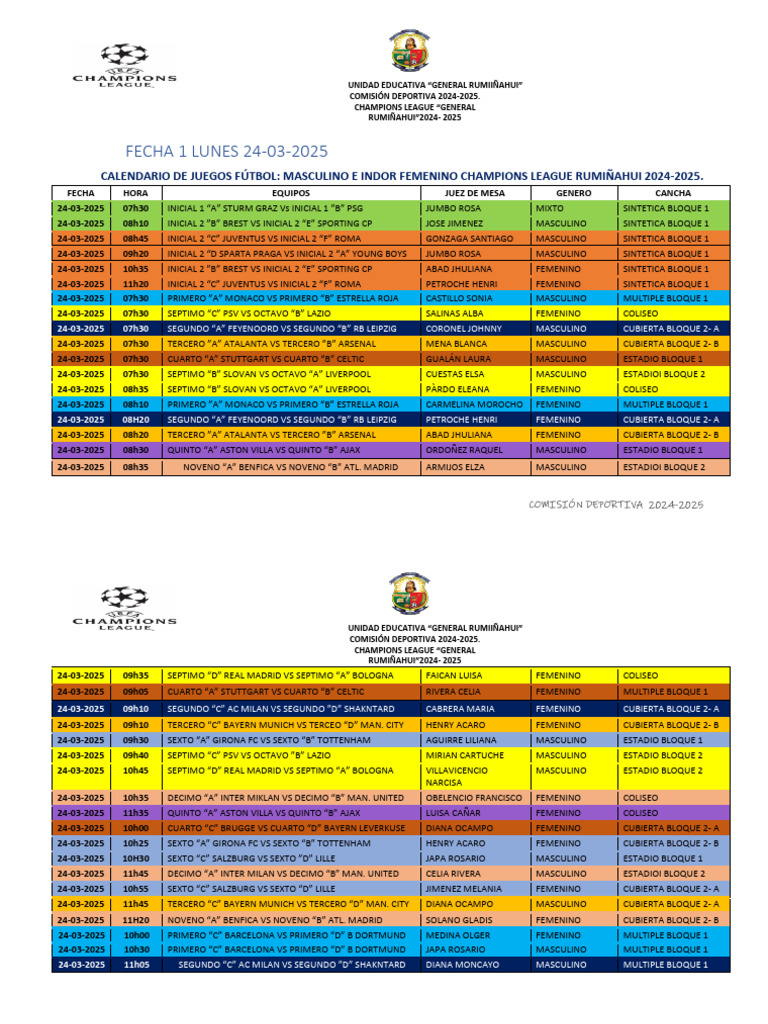Calendario Champions Rumiñahui 2025 | PDF | Liga de Campeones de la ...