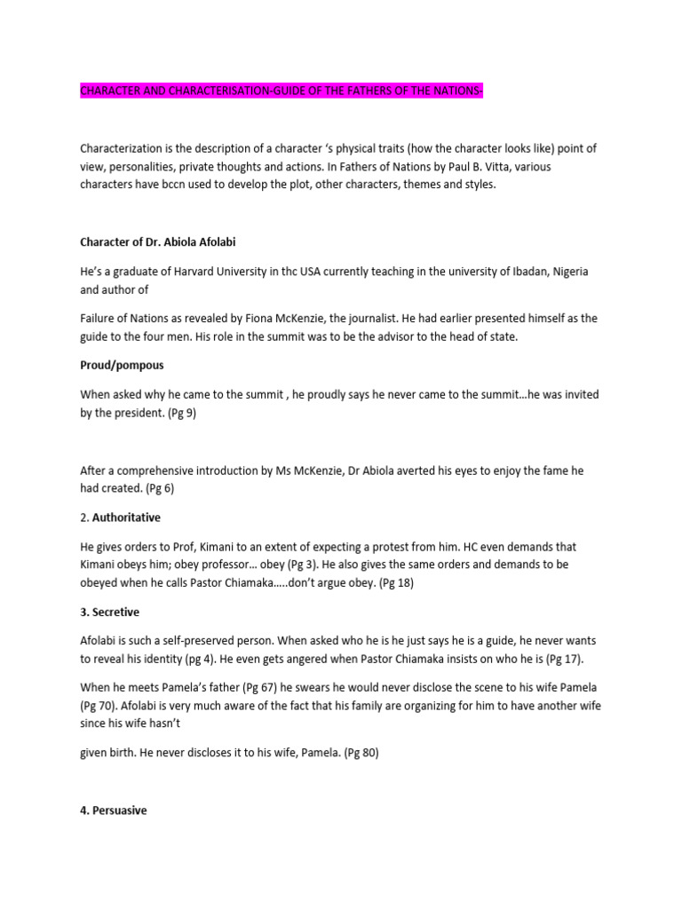 Character Analysis in Fathers of Nations | PDF | Africa