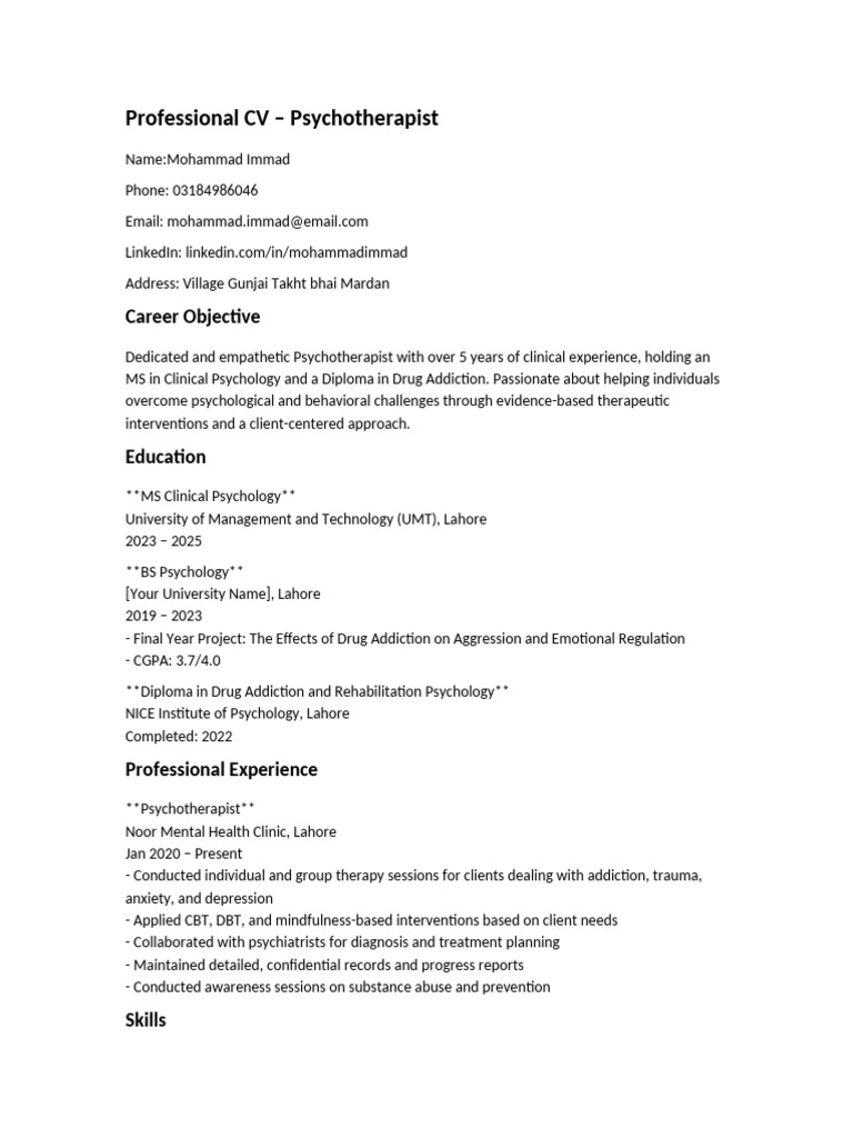 Mohammad_Immad_CV_and_Cover_Letter | PDF | Psychotherapy | Cognitive Behavioral Therapy