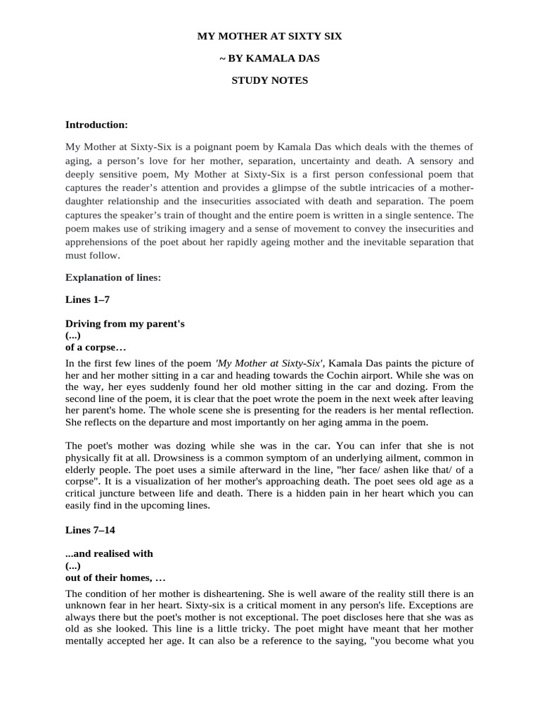 My Mother at Sixty Six - Study Notes | PDF | Poetry