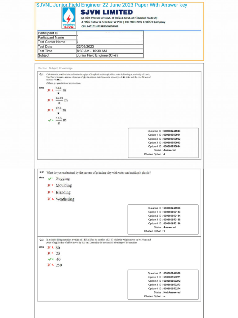 SJVNL Junior Field Engineer Civil 22 June 2023 Paper With Answer | PDF ...