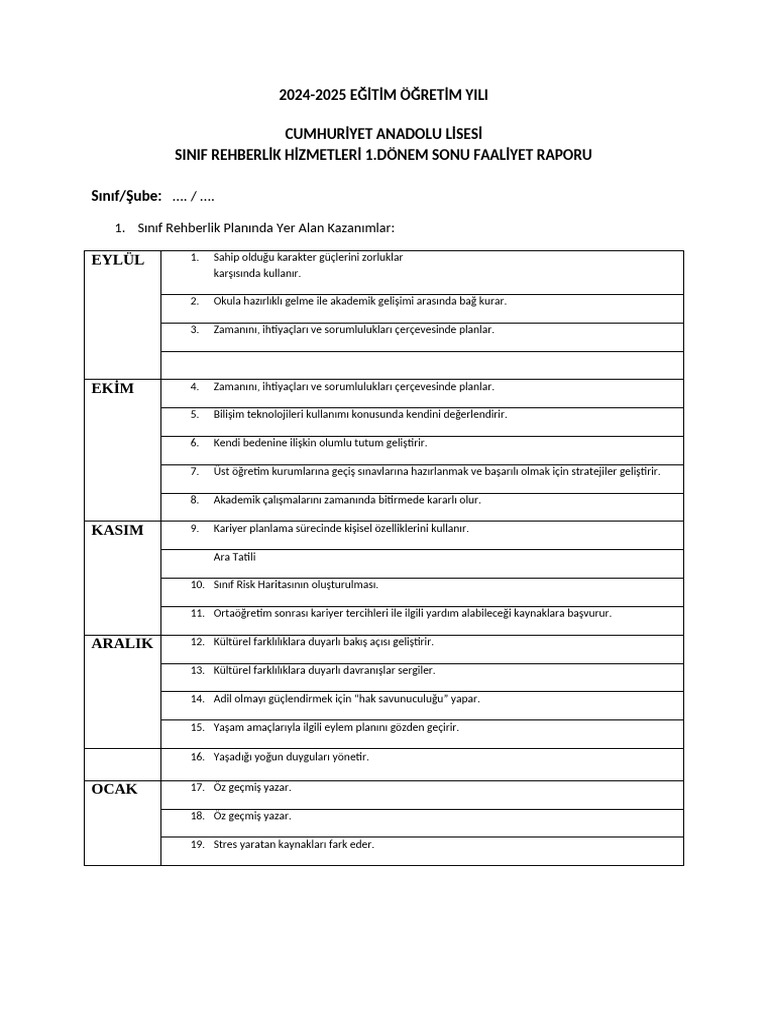 SINIF REHBERLİK DÖNEM SONU FAALİYET RAPORU(12) | PDF