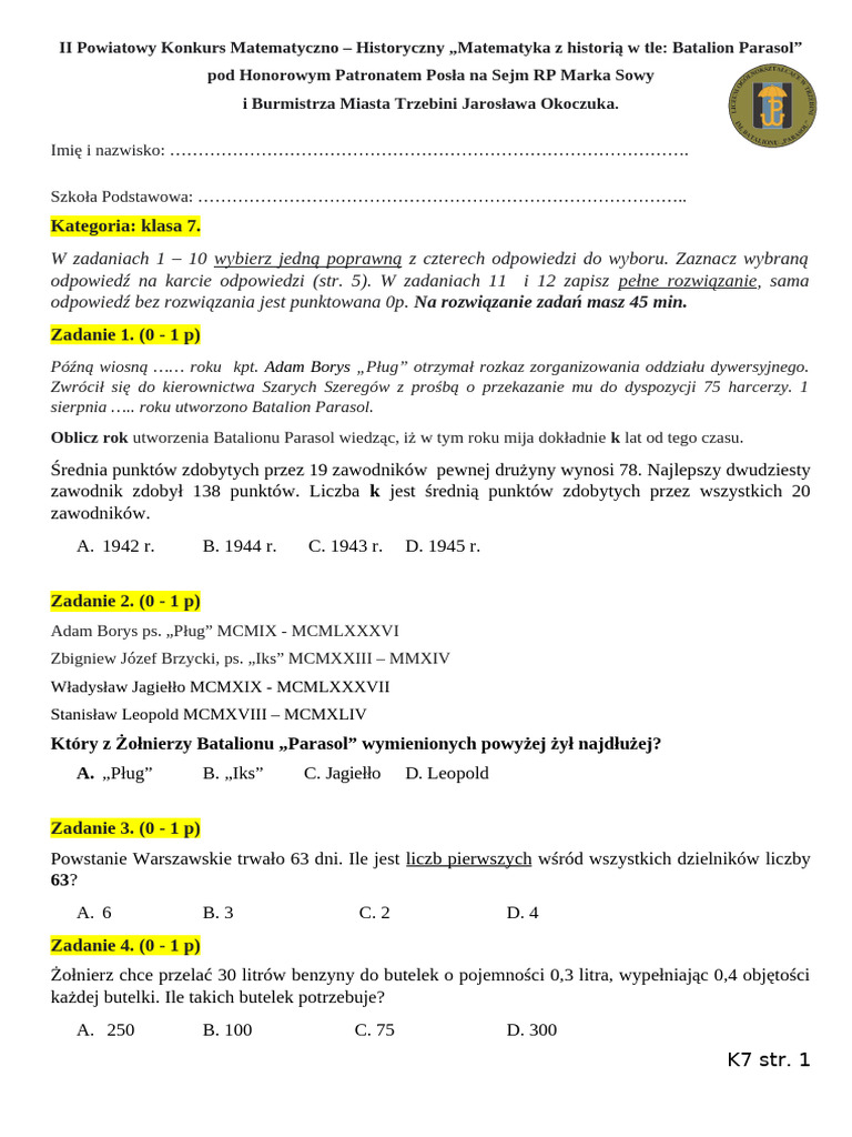 Zadania Konkurs 2024 kl7 | PDF
