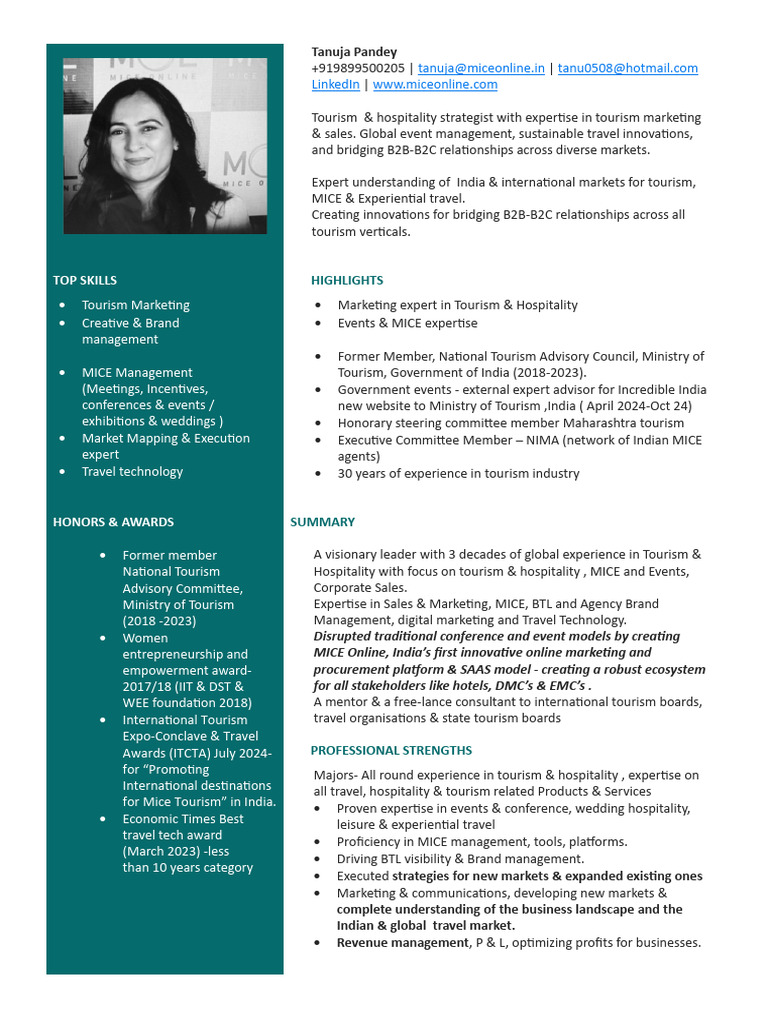 Tanuja Pandey Resume 2.0 | PDF | Tourism | Business