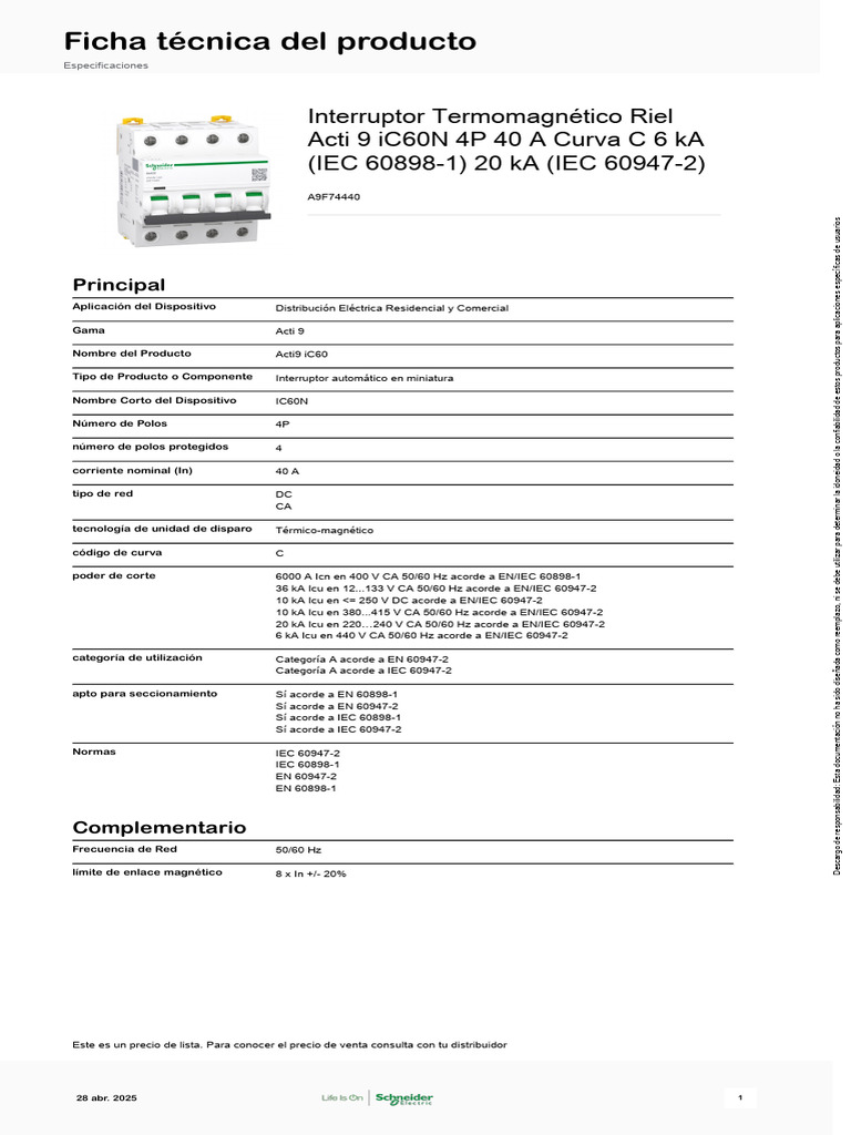 Schneider Electric Acti-9-IC60 A9F74440 | PDF | Ingenieria Eléctrica | Electricidad