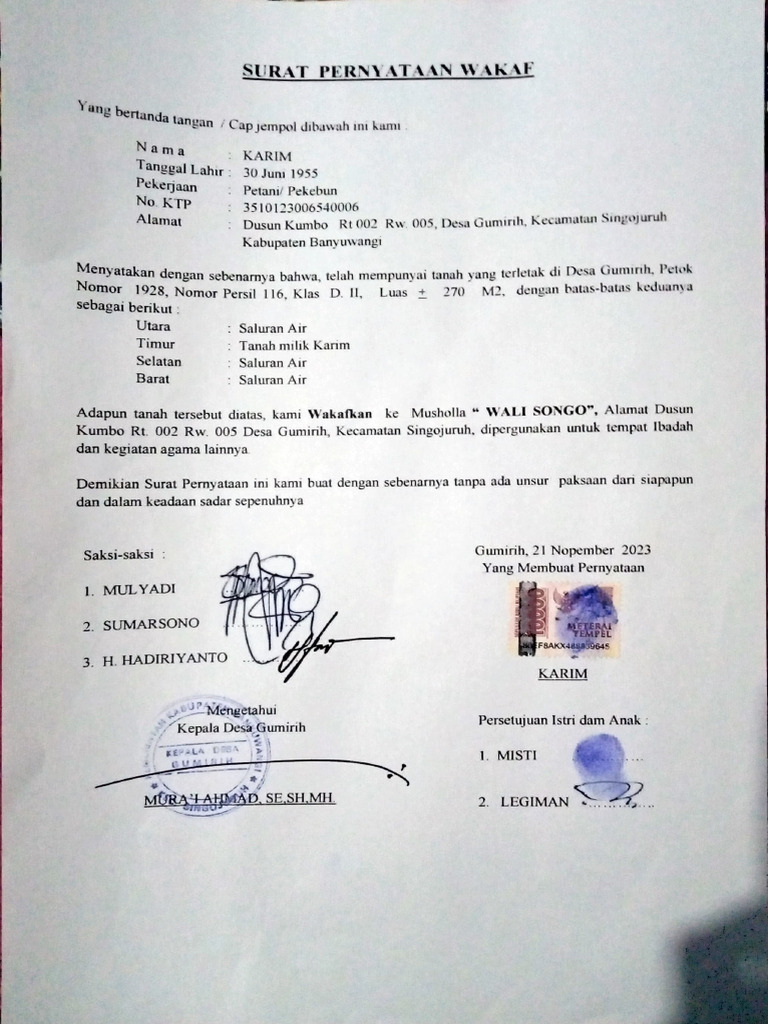 Surat Pernyataan Wakaf | PDF
