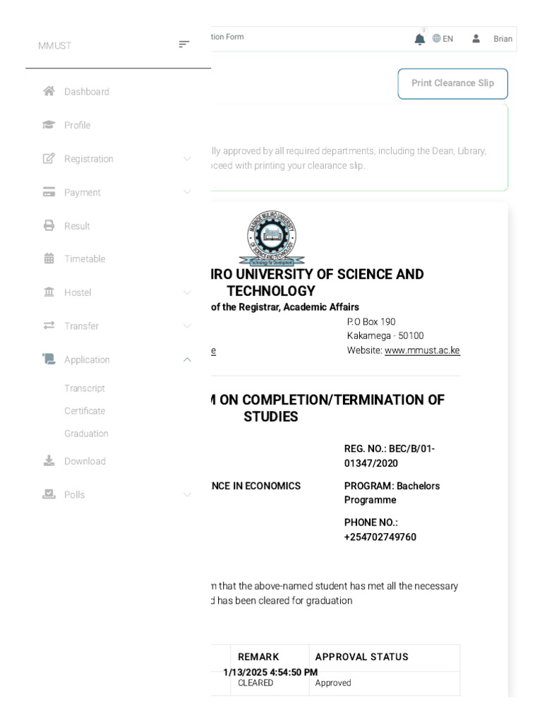 MMUST Graduation Clearance Confirmation | PDF