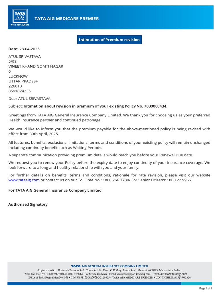 Tata Aig Medicare Premier: Intimation of Premium Revision | PDF