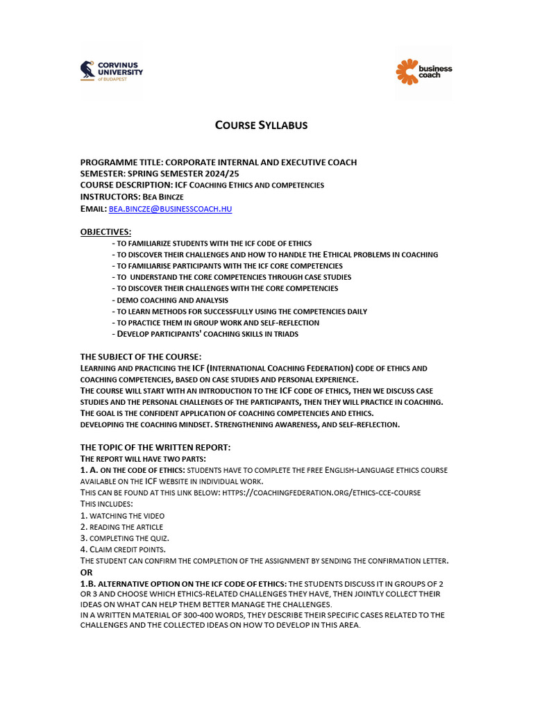 Course Syllabus - ICF Coaching Ethics and Competencies | PDF | Learning ...