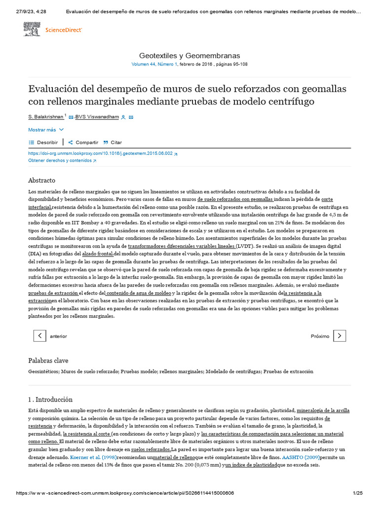 Evaluación Del Desempeño de Muros de Suelo Reforzados Con Geomallas Con Rellenos Marginales ...
