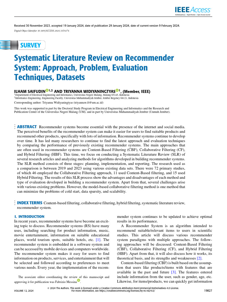 Systematic Literature Review On Recommender System Approach Problem Evaluation Techniques ...